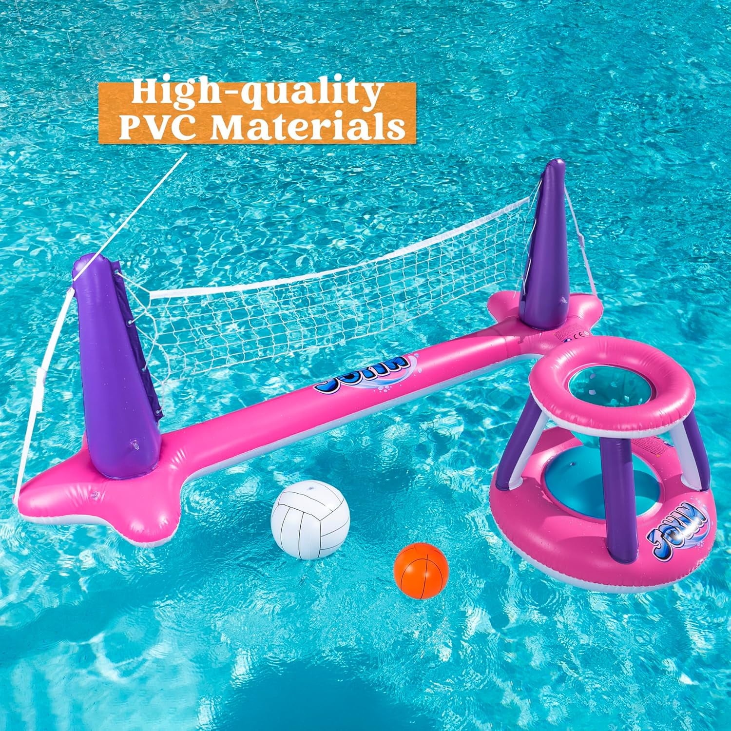 Inflatable Pool Float Set Volleyball Net & Basketball Hoops, Floating ...