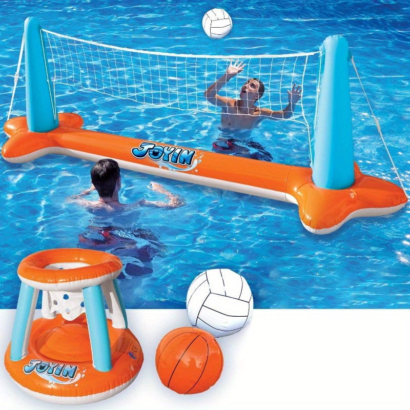 Inflatable Pool Float Volleyball Net & Basketball Hoops, Floating ...
