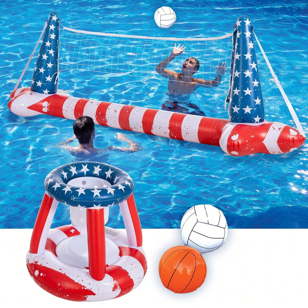 Inflatable Pool Floats Set American Flag Volleyball Net & Basketball ...