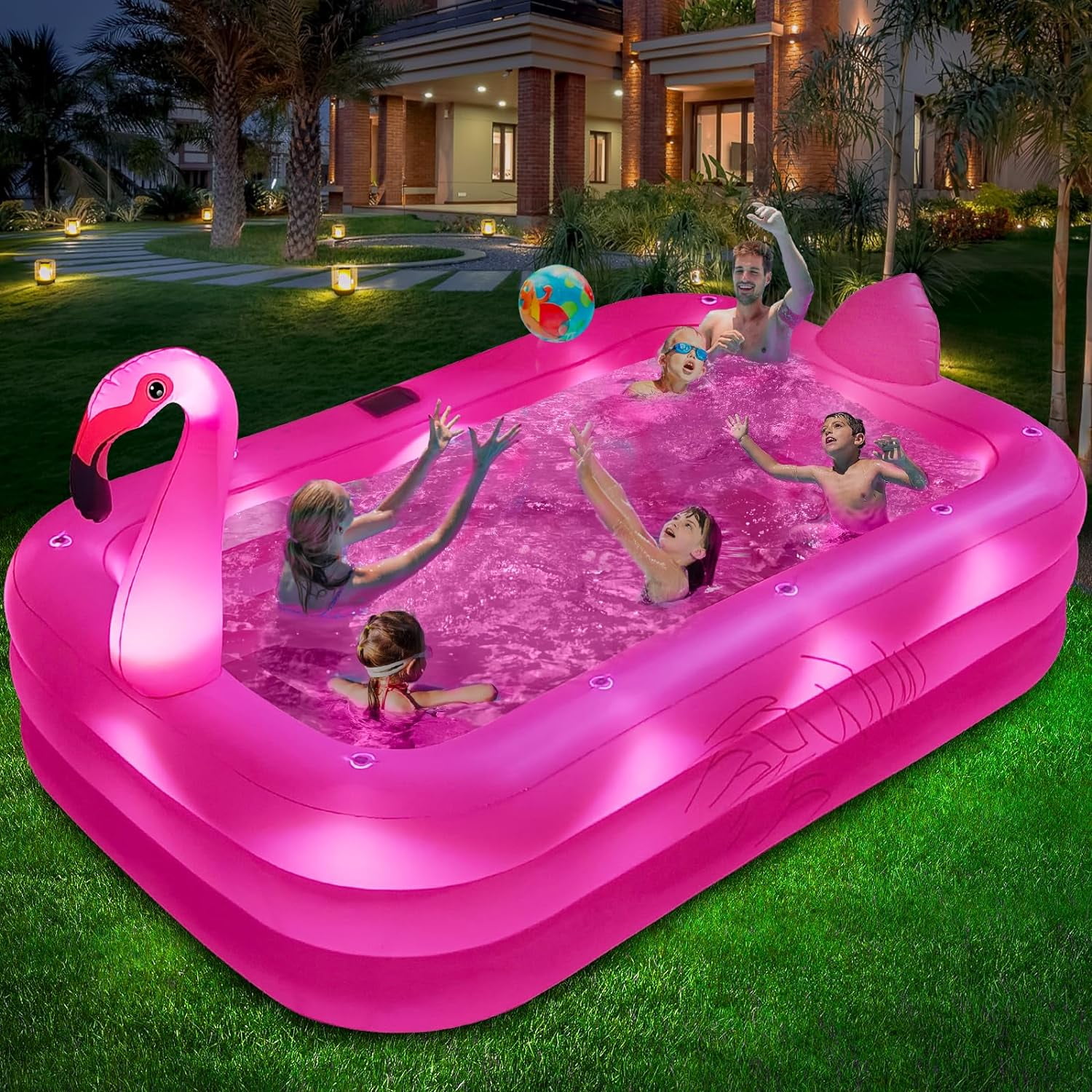Inflatable Pool with Lights, Solar Flamingo Swimming Pool for Kids ...
