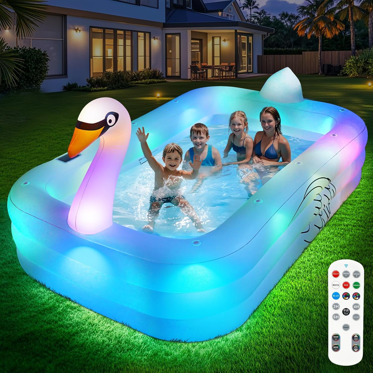 Inflatable Pool with Lights,Solar Swan Inflatable Swimming Pool for ...