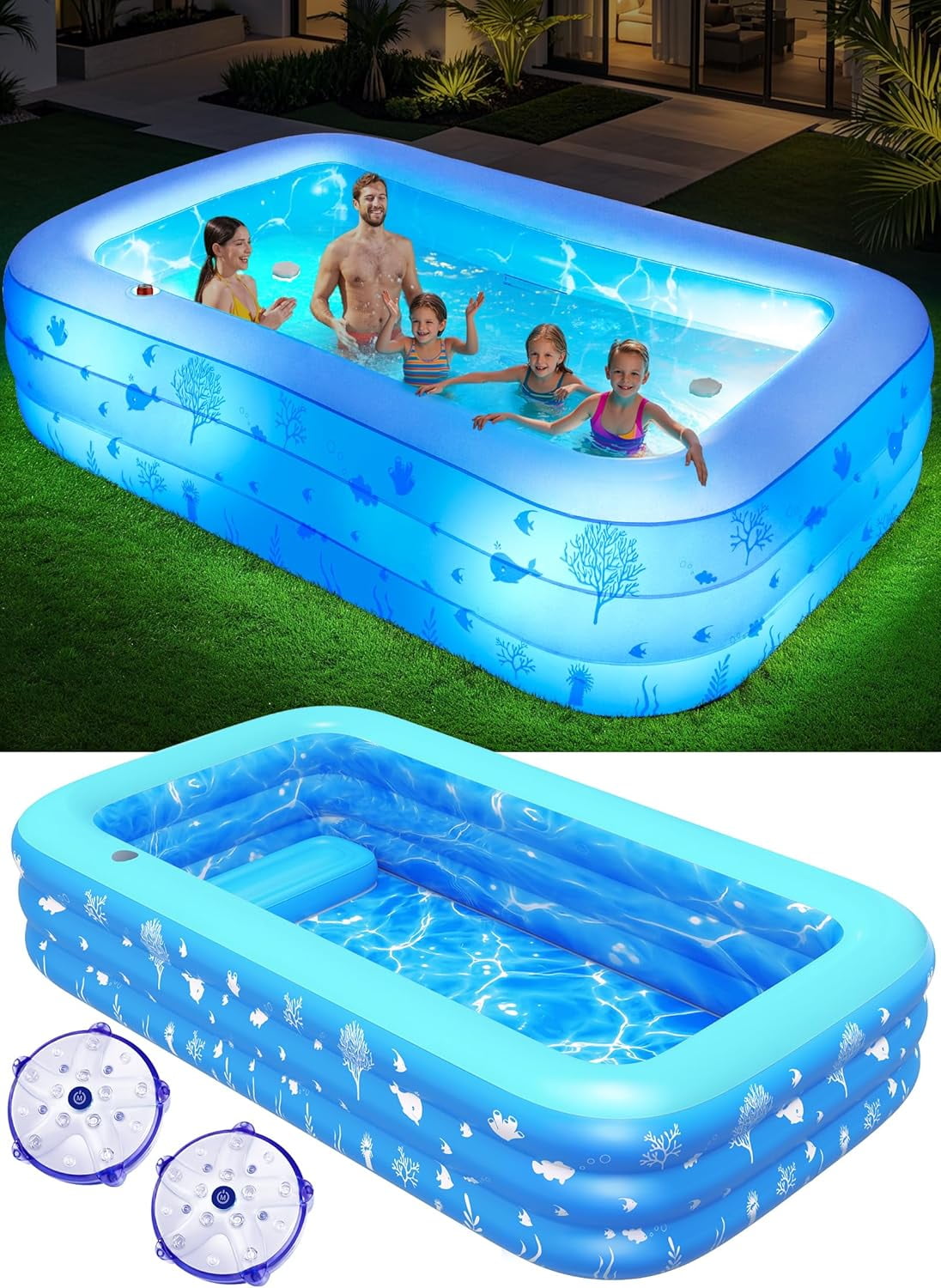 Inflatable Pool with Seat and Pool Lights, Durable Thickened Large Size ...