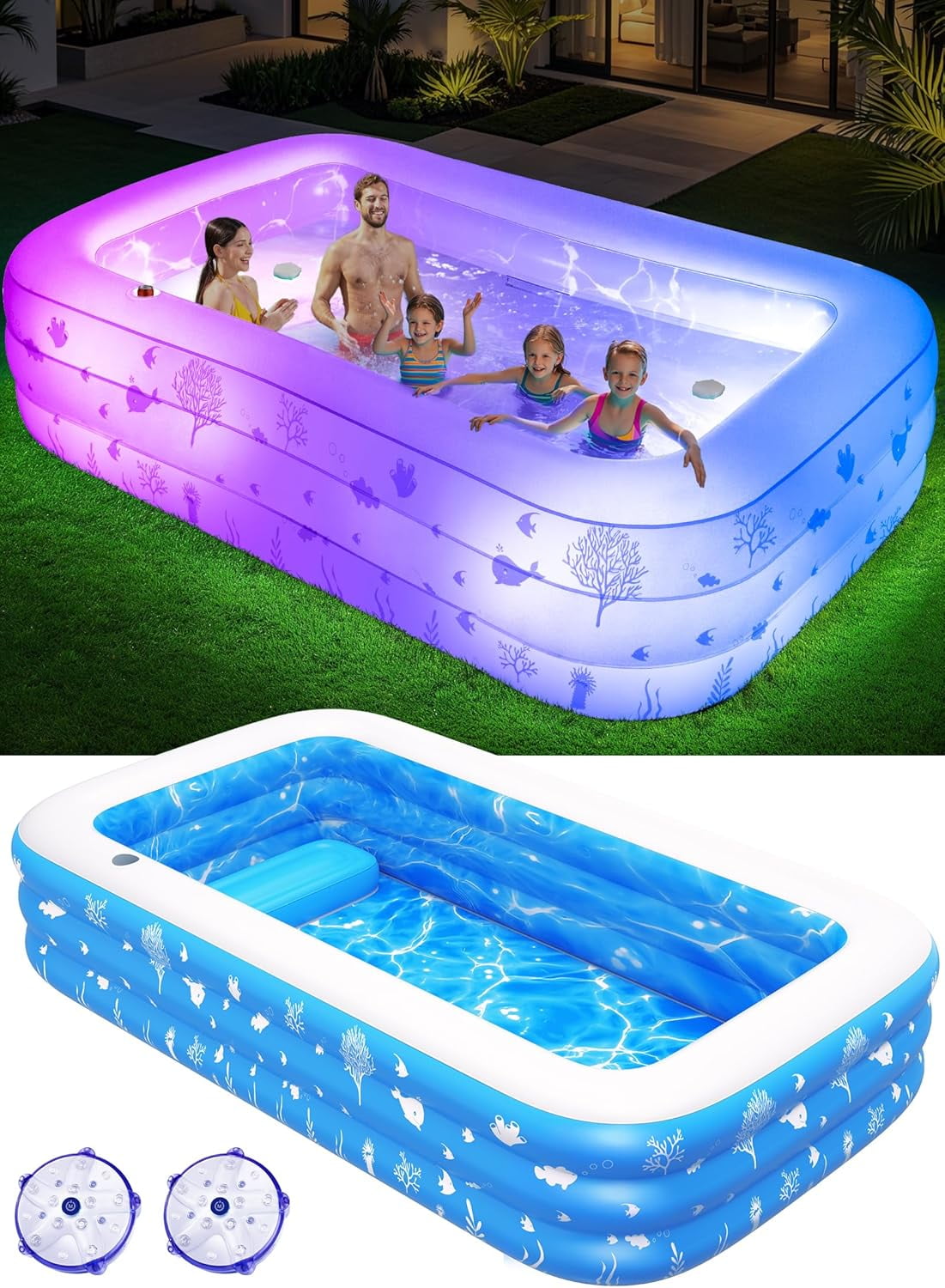 Inflatable Pool with Seat and Pool Lights, Durable Thickened Large Size ...