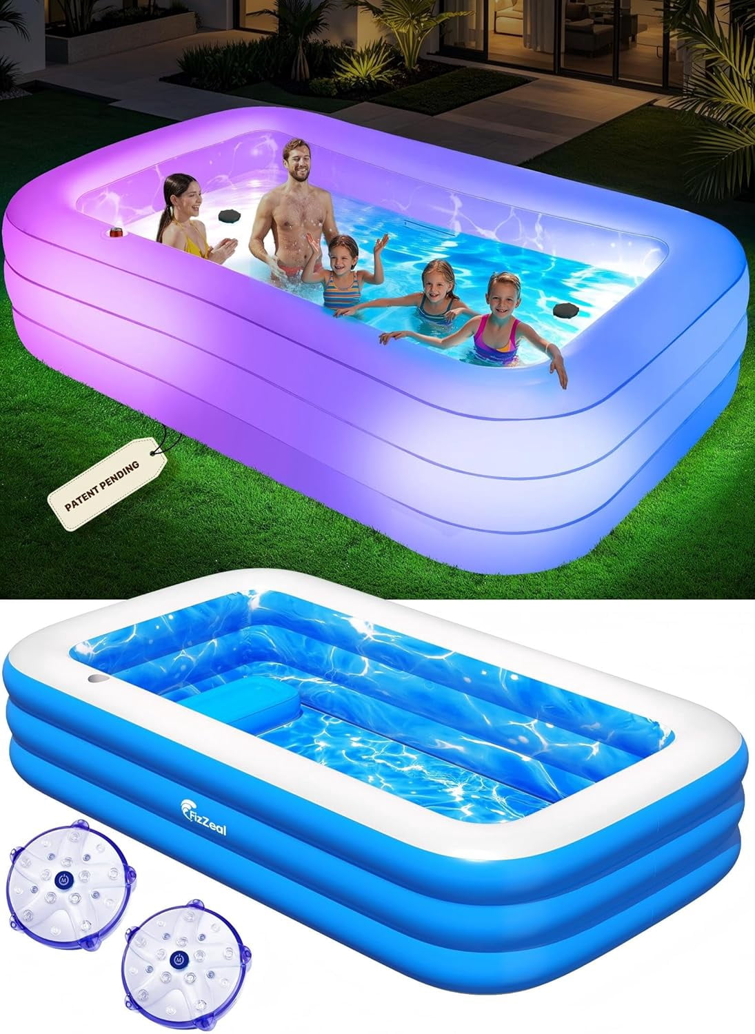 Inflatable Pool with Seat and Pool Lights, Durable Thickened Large Size ...
