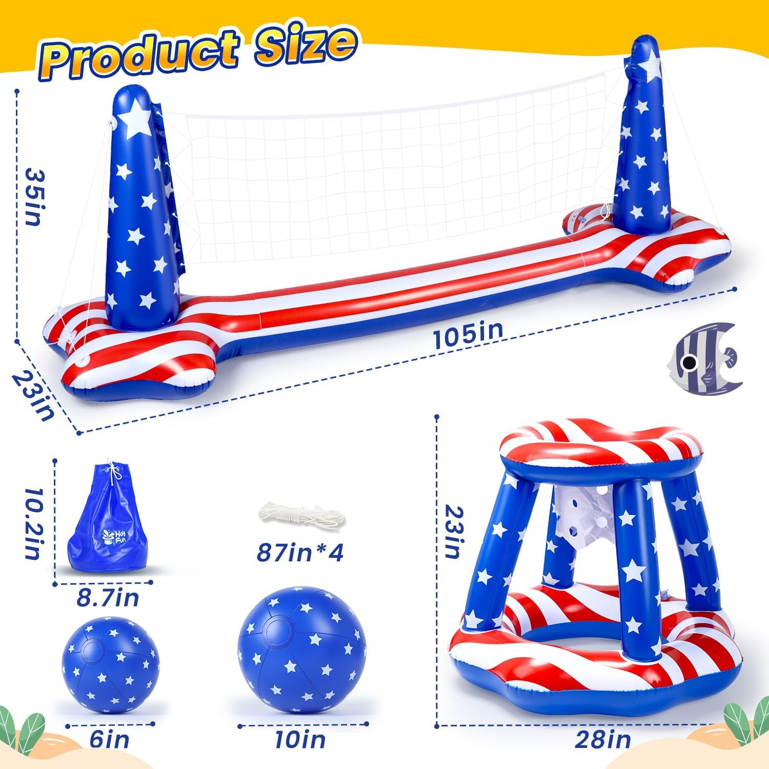 Inflatable Pool Volleyball Net Set with USA Flag Pattern for Family Fun ...