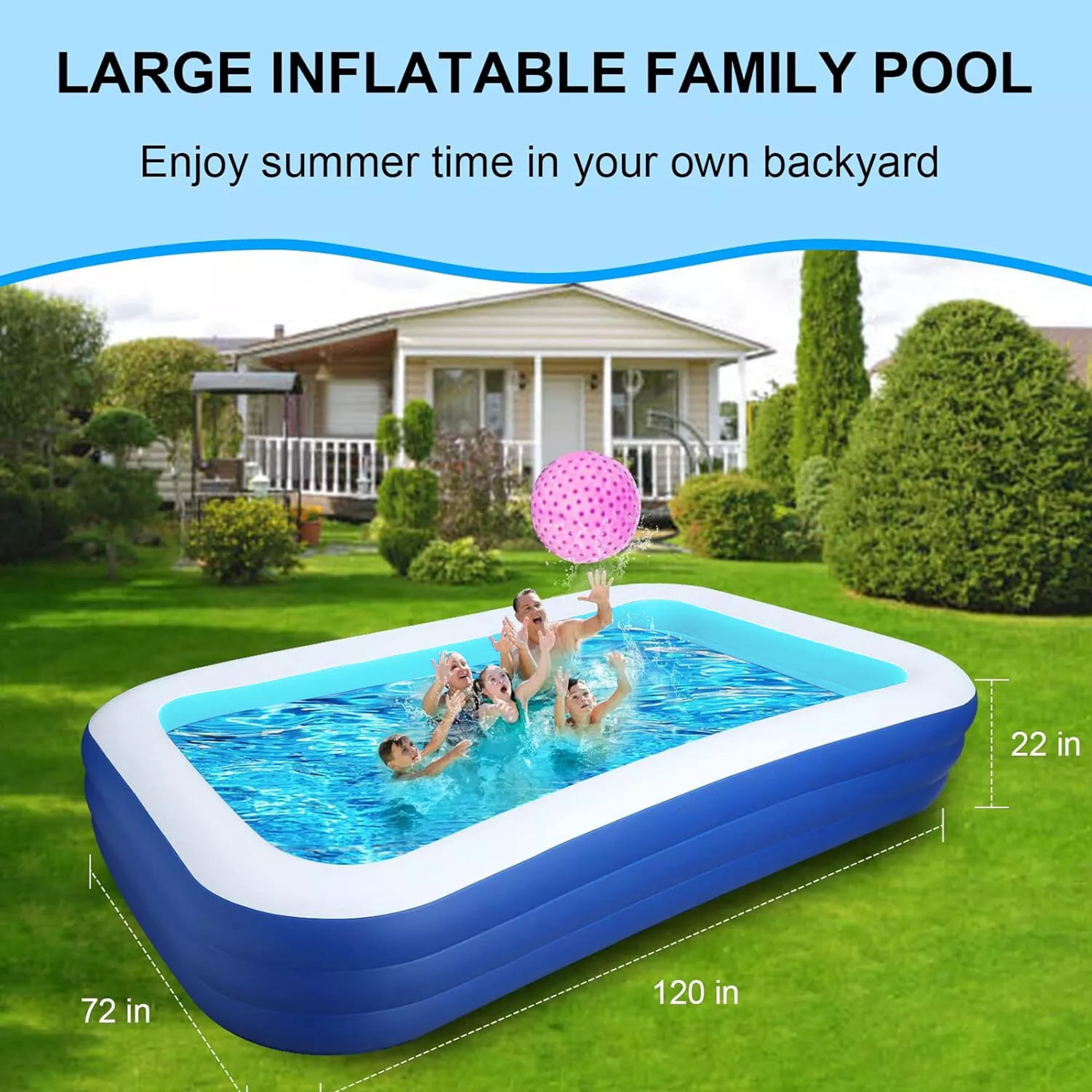 Inflatable Pool for Kids and Adults, 120"X68"X22" Oversized Thickened ...