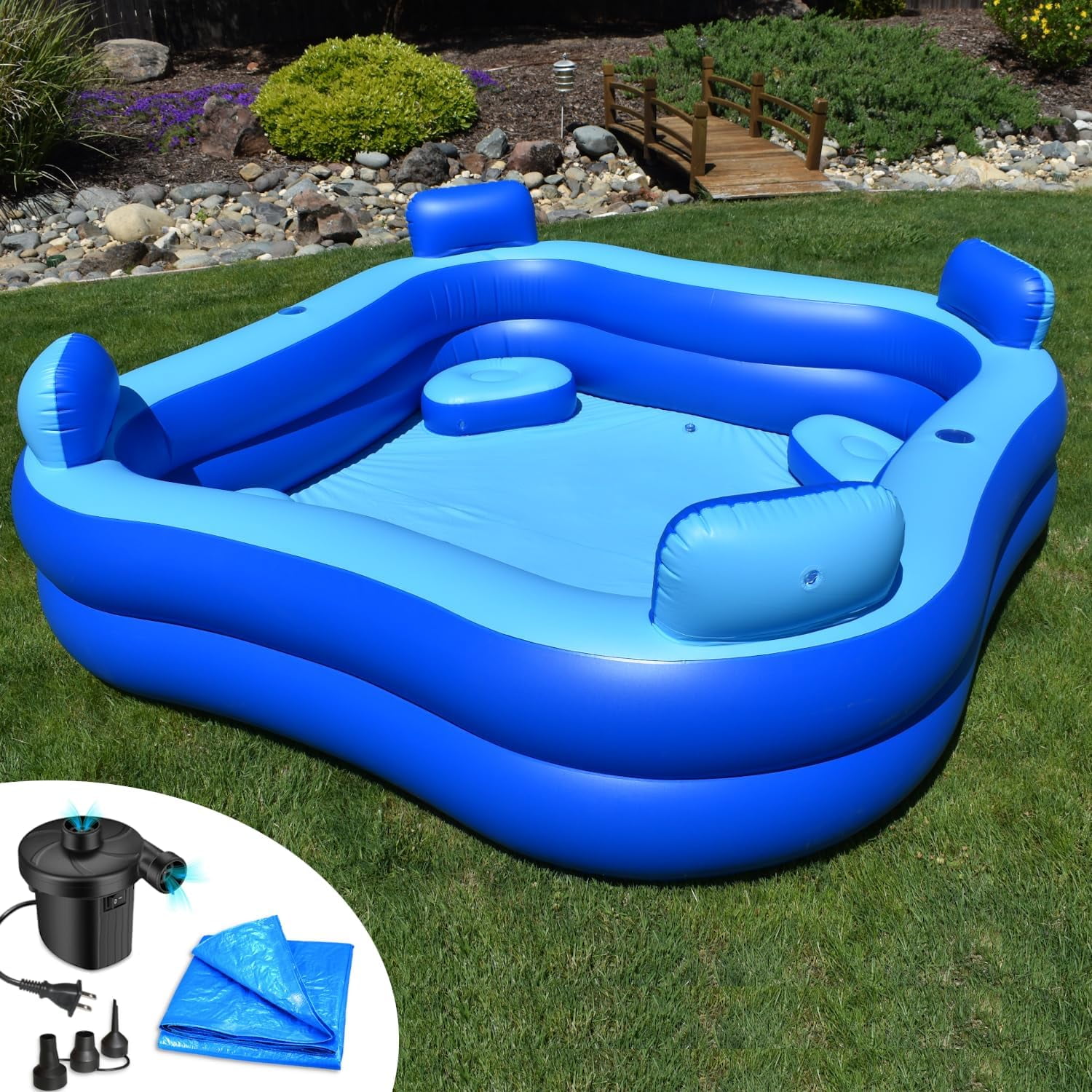 Inflatable Pool with Seats and Headrests 8' x 8' - Bundle - Electric ...