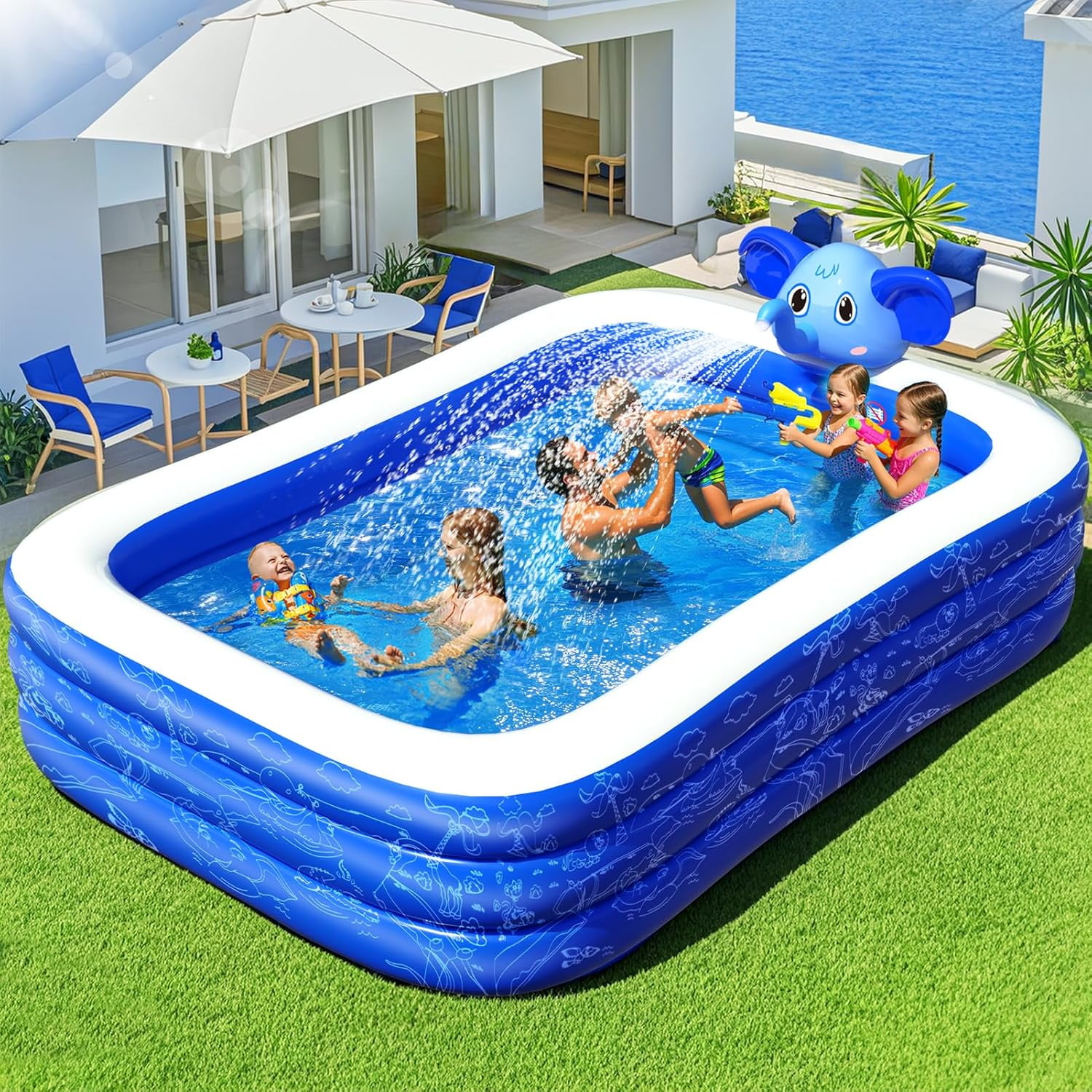 Inflatable Pools with Sprinkler,Upgraded Elephant Inflatable Swimming ...