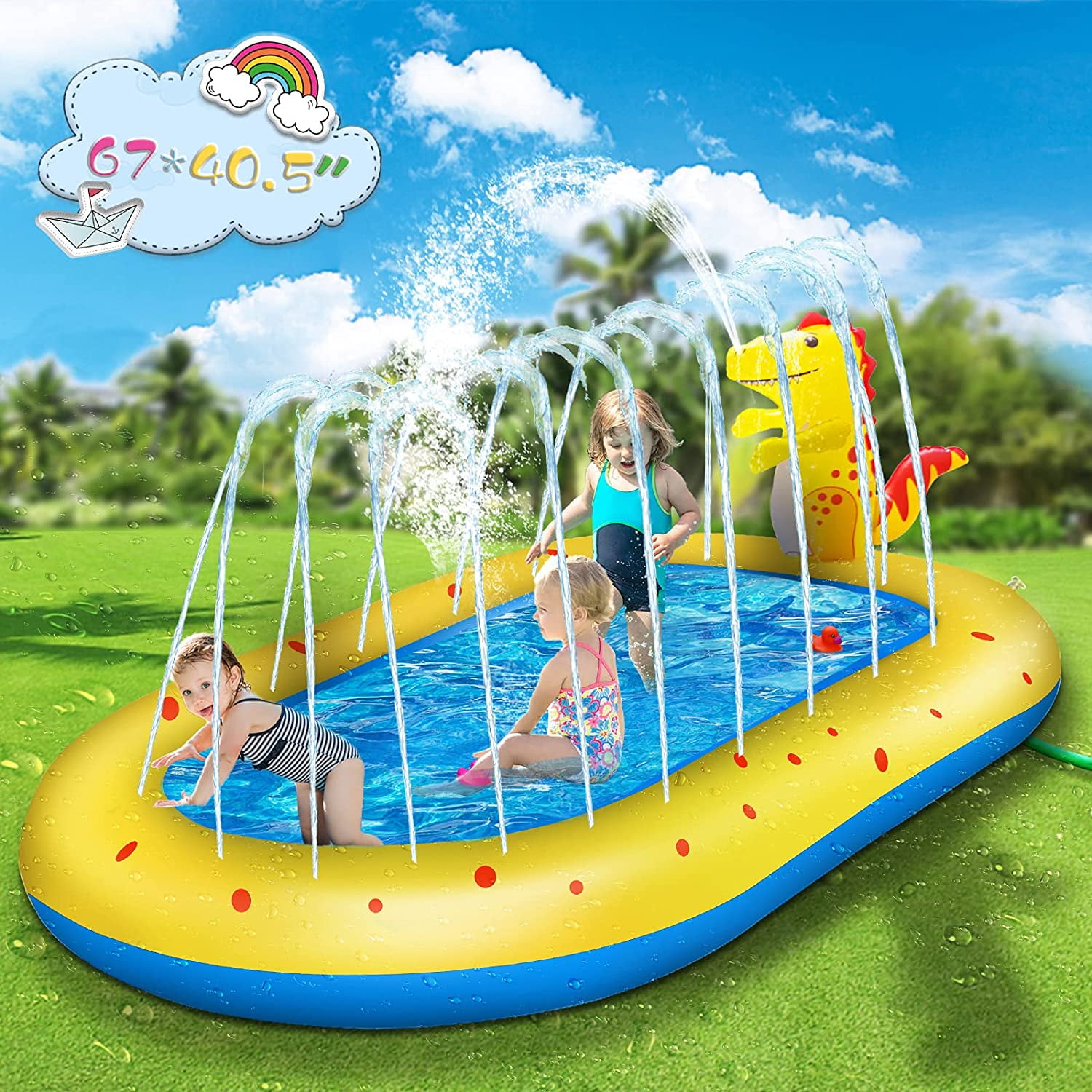 Inflatable Sprinkler Pool for Kids, Cute Dinosaur Kiddie Pool, 3-in-1 ...