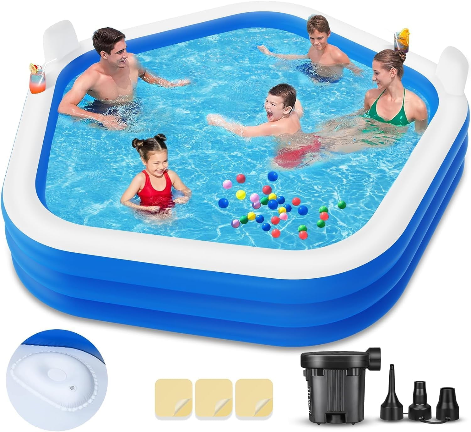 Inflatable Swimming Pool, 90" X 90" X 26" Kiddie Pool with Pump ...