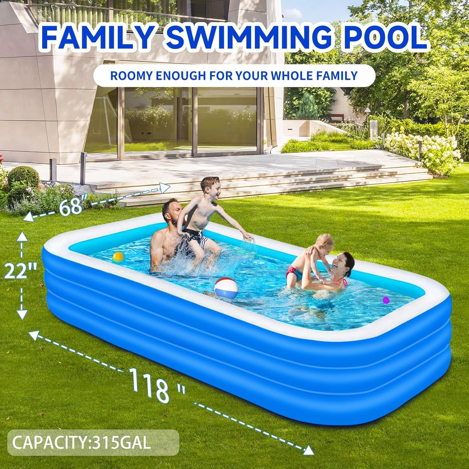 Inflatable Swimming Pool for Kids and Adults- 118" x 68" x 22" Family ...