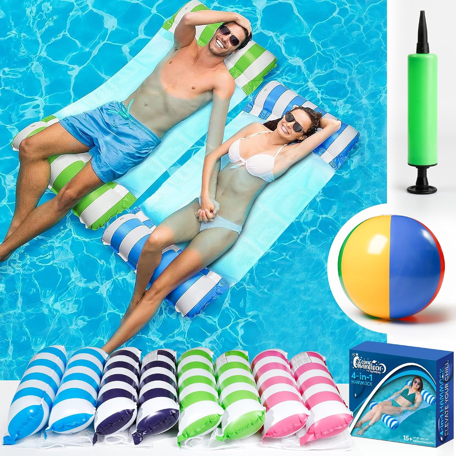4PackInflatableHammockPoolFloatswithAirPumpandBall.4-in-1DesignConversion ...