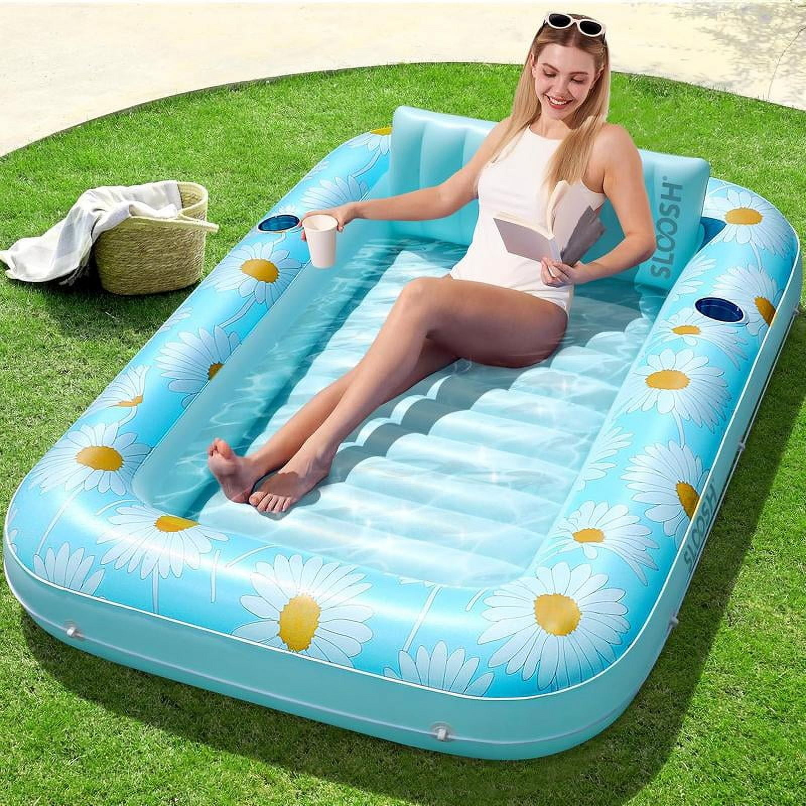 Inflatable Tanning Pool Lounge Float With Cup Holder, 70“X46”/85″ x 57″ Extra Large Pool Floats ...