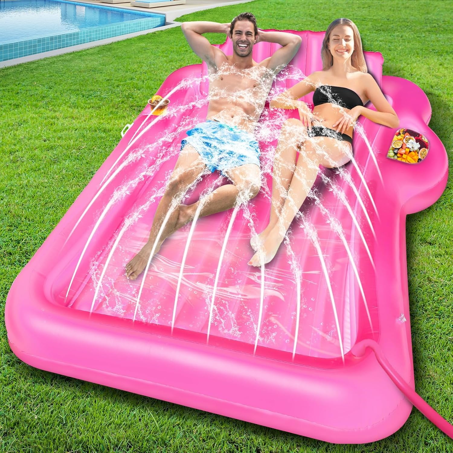 Inflatable Tanning Pool Lounger Float with Sprinkler, 83" x 63" Extra Large Pool Floats Adult ...