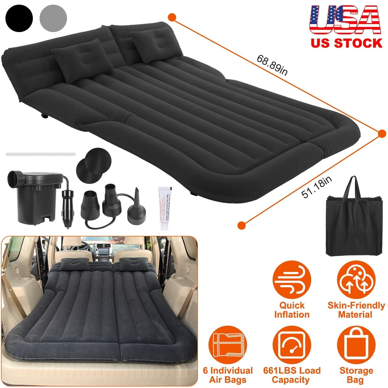 Inflatable Travel Car Mattress Air Bed Back Seat Sleep Rest Mat w/ 2 ...