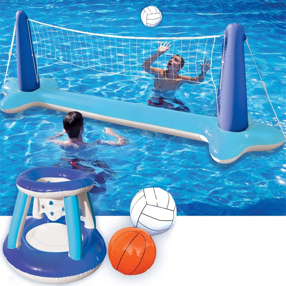 Inflatable Volleyball Net & Basketball Hoops Pool Float Set; Balls ...