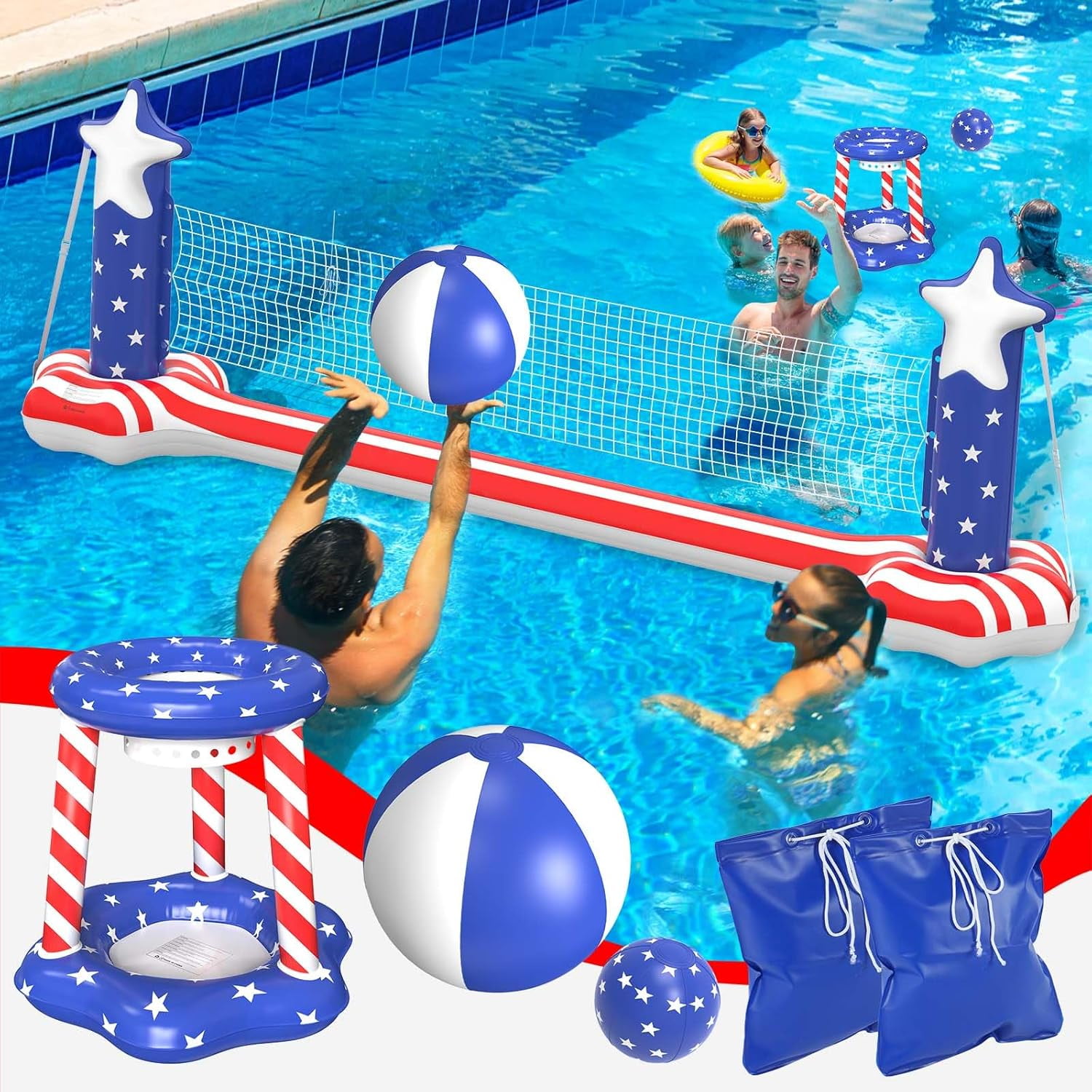 Inflatable Volleyball Net and Basketball Hoops Pool Floating Toys ...