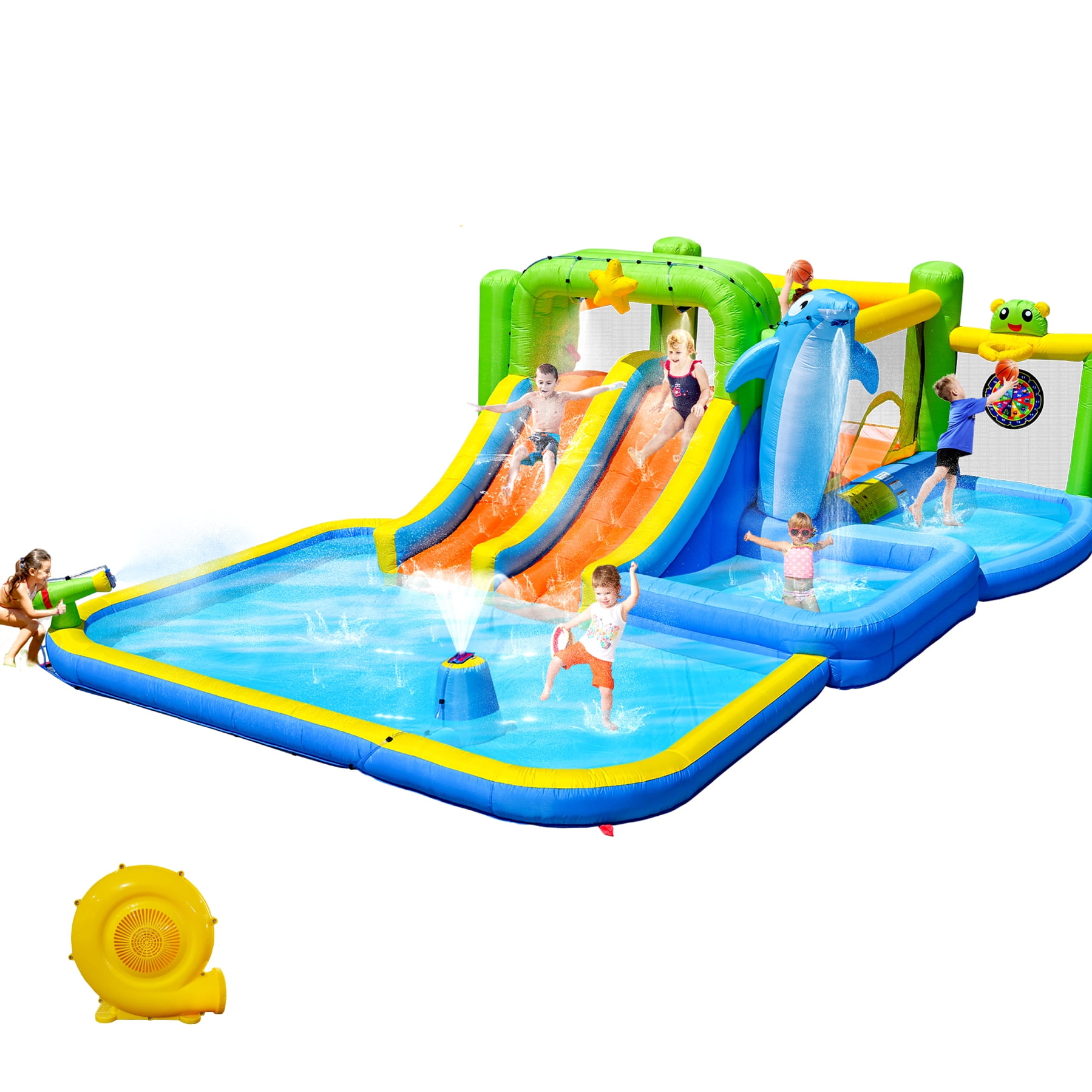 Inflatable Water Park Double Slide Bouncy House with Splash Pool, Water ...
