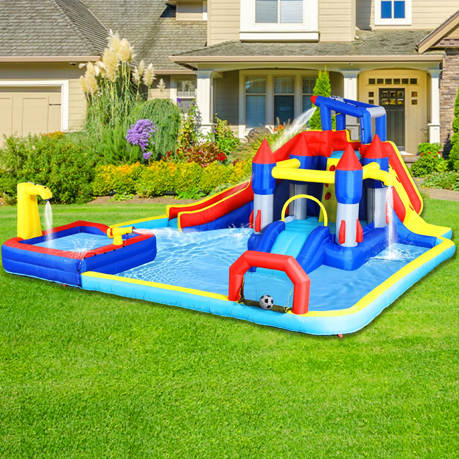 Inflatable Water Slide, Water Park Bounce House, Dual Splash Pool ...