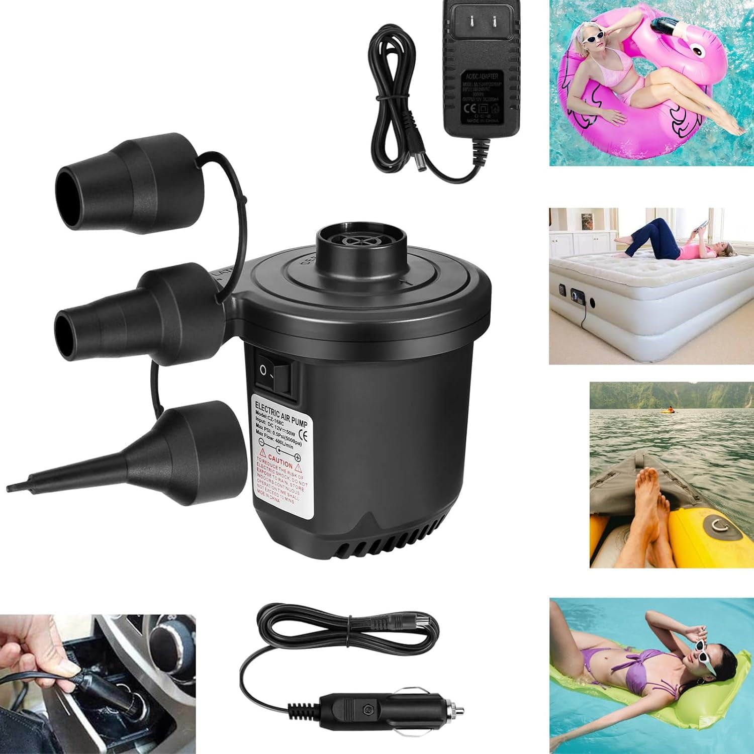Inflatables Air Pump for Air Mattress with 3 Nozzles, Quick Fill ...