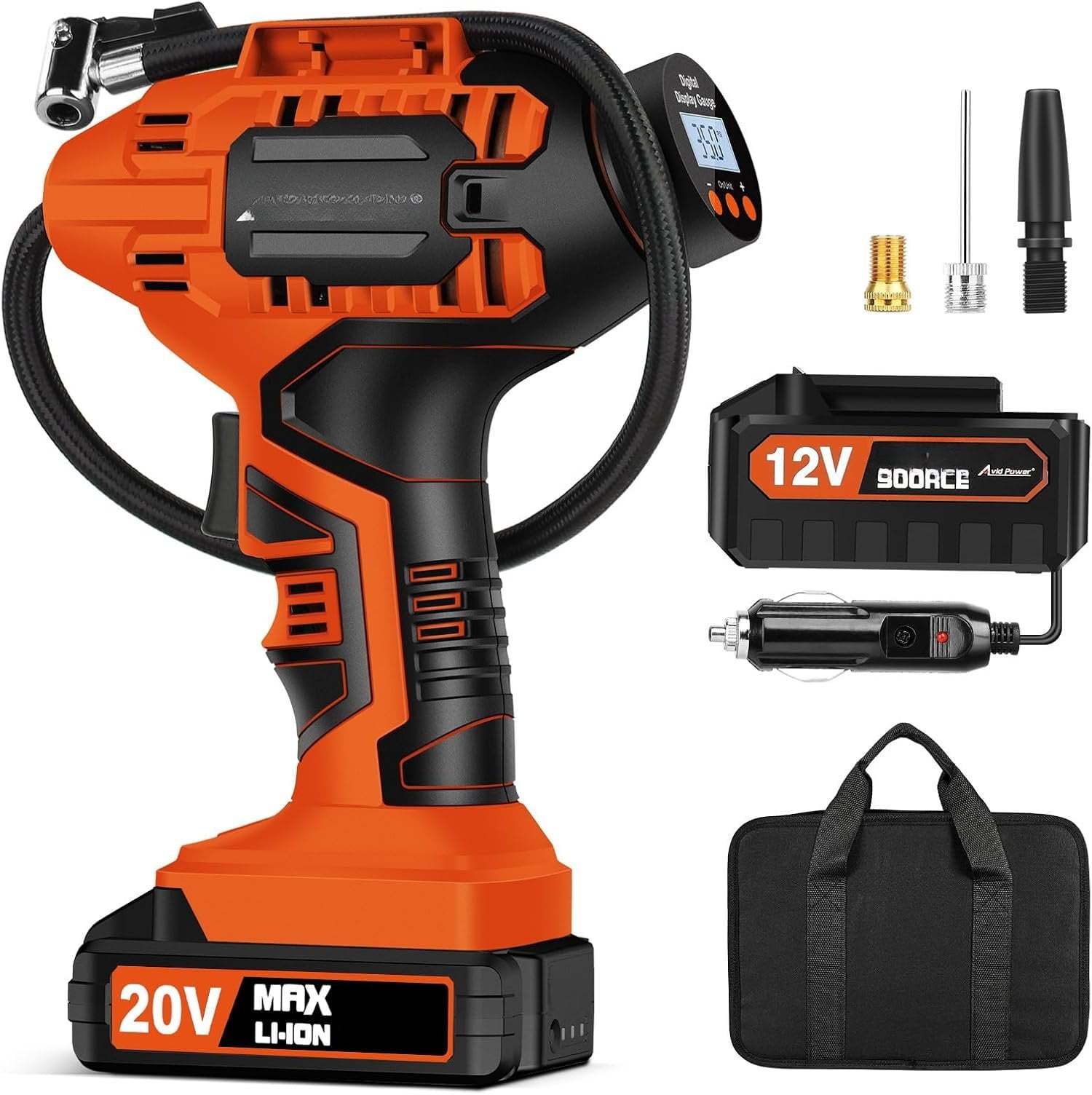 Inflator Portable Air Compressor, 20V Cordless Pump w/ 12V , Digital ...