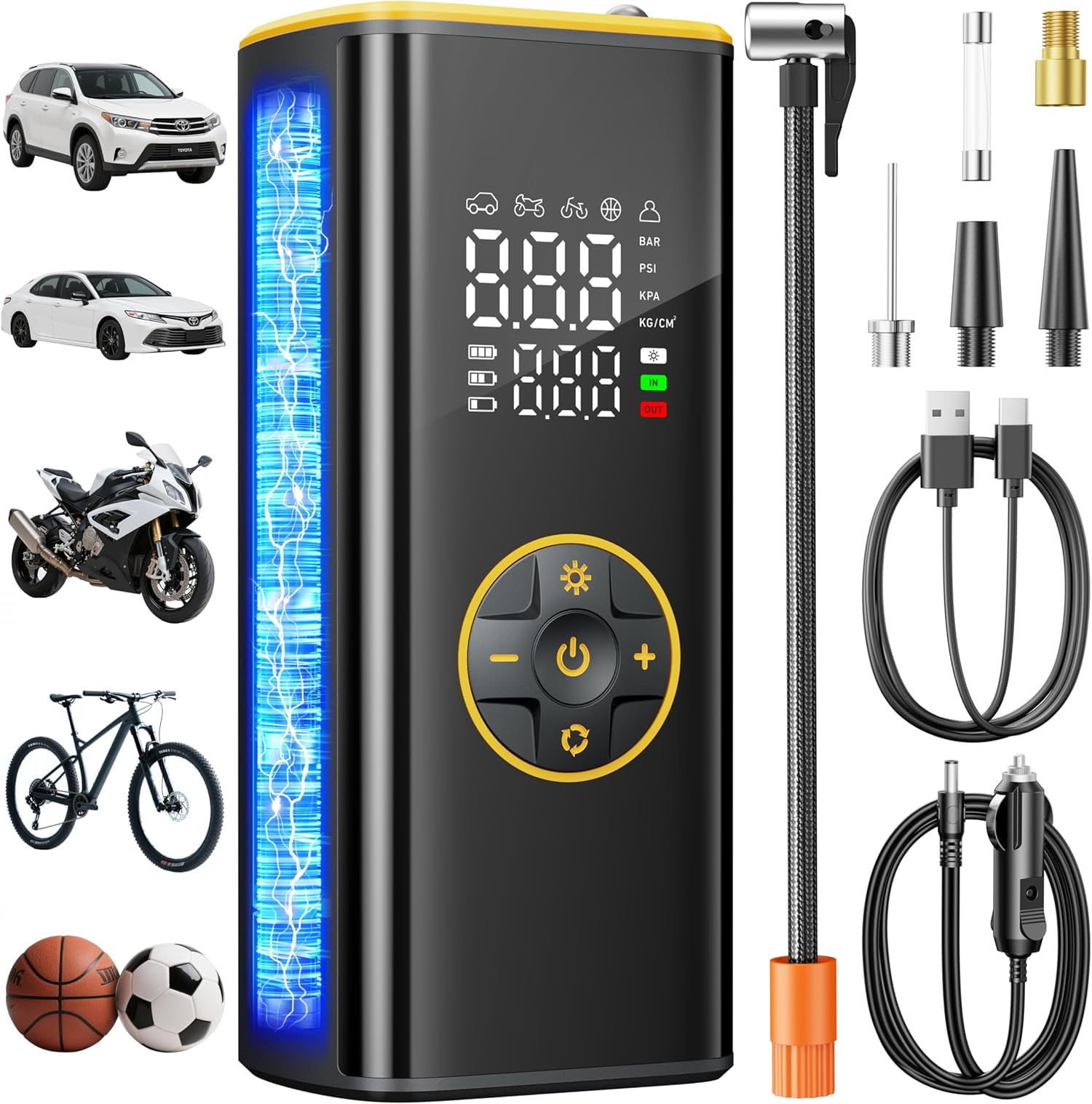 Inflator Portable Air Compressor 5 in 1 Cordless Pump with Gauge 150PSI and Lights for Bikes ...