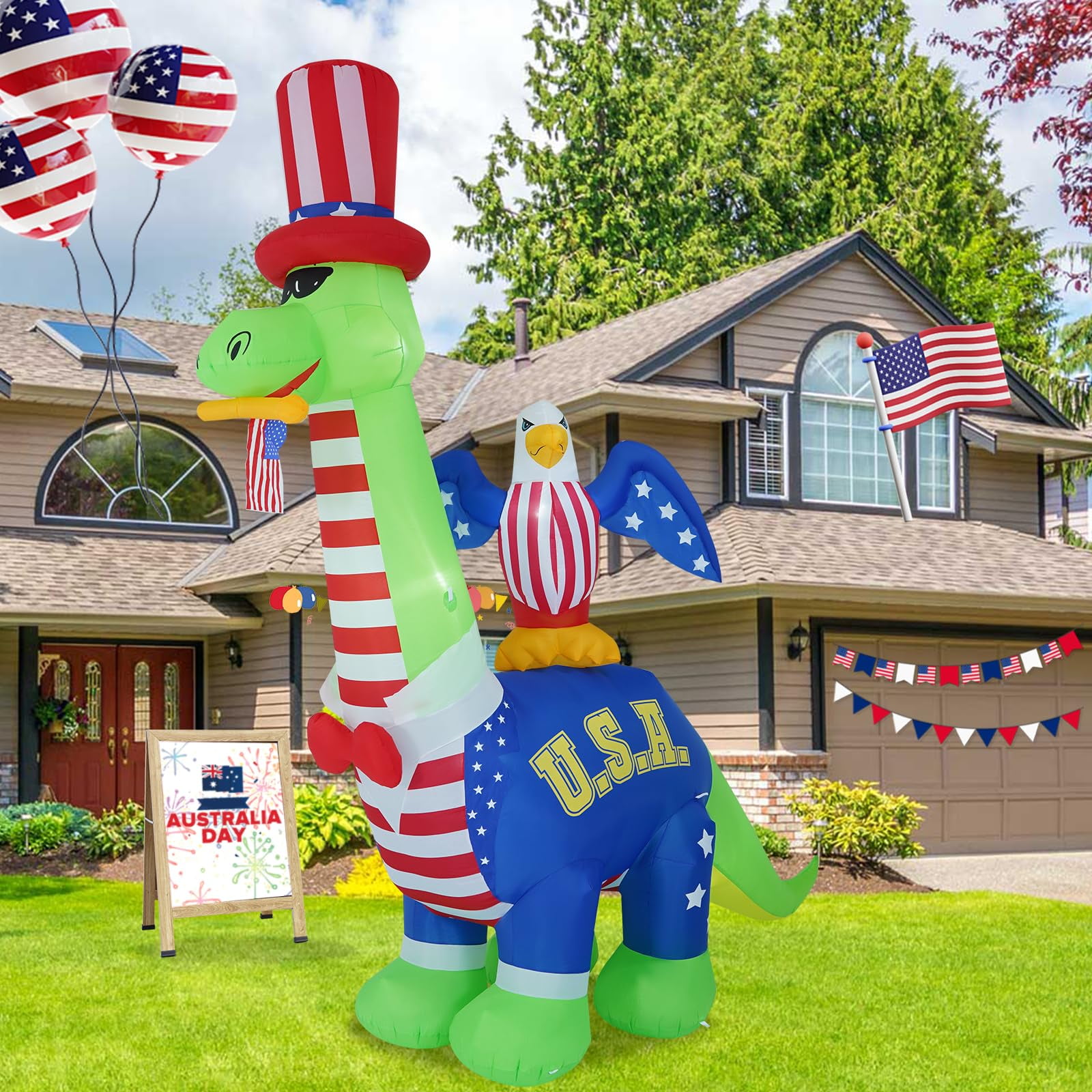 InfleasJoiy 13ft 4th of July Dinosaur with Flag in Mouth, Built-in LED ...