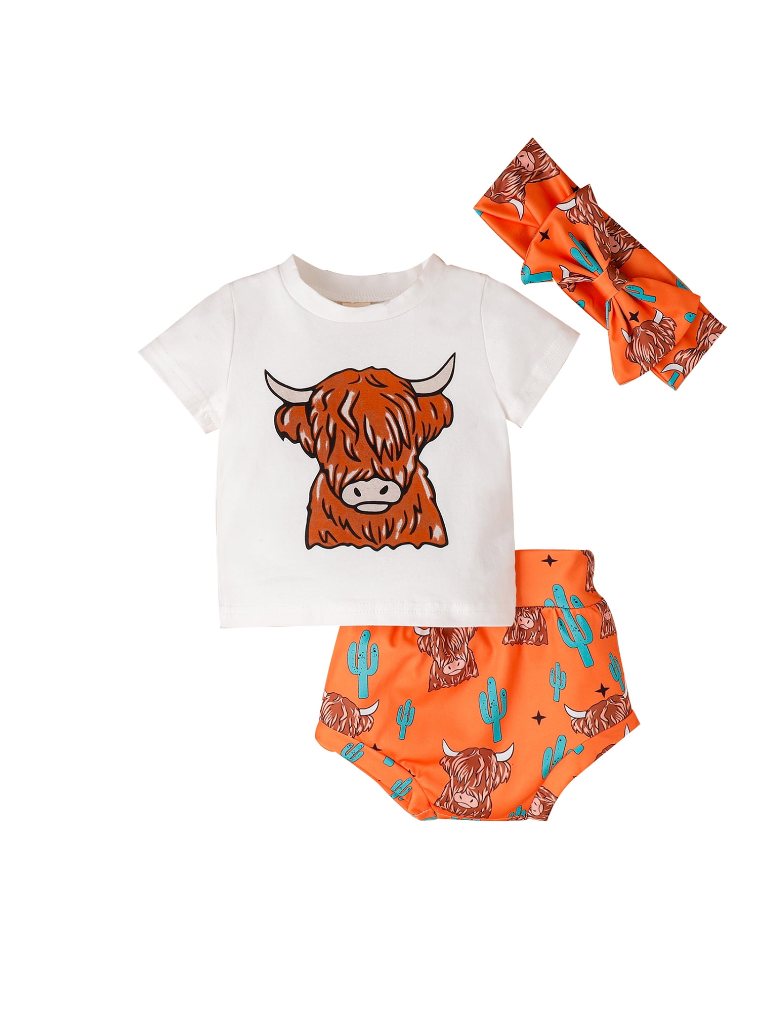 Infnat Baby Girl Summer Outfits Cow Head Print Short Sleeve T-Shirts Tops Shorts Headband Set ...