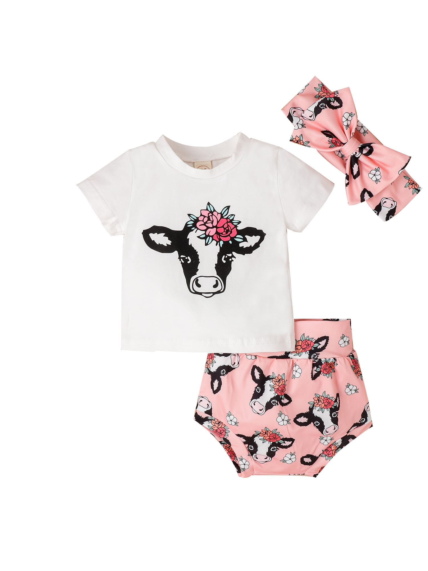 Infnat Baby Girl Summer Outfits Cow Head Print Short Sleeve T-Shirts Tops Shorts Headband Set ...