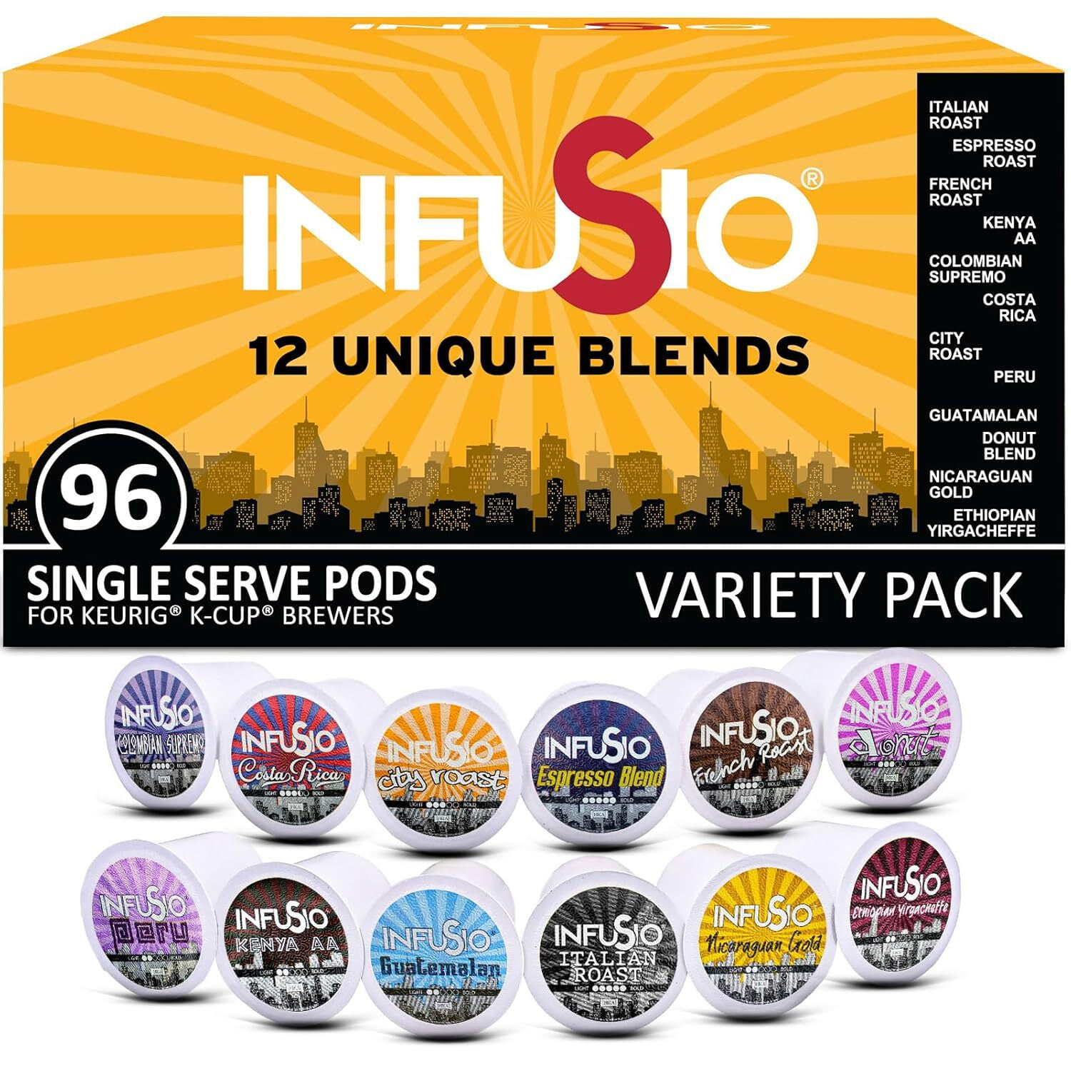 InfuSio Premium Coffee Variety Pack, 96 Count, 12 Unique Flavors ...