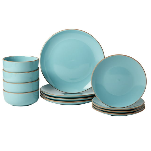 Infuse 12 Piece Aqua Stoneware Dinnerware Set of Plates Bowls Dishes ...