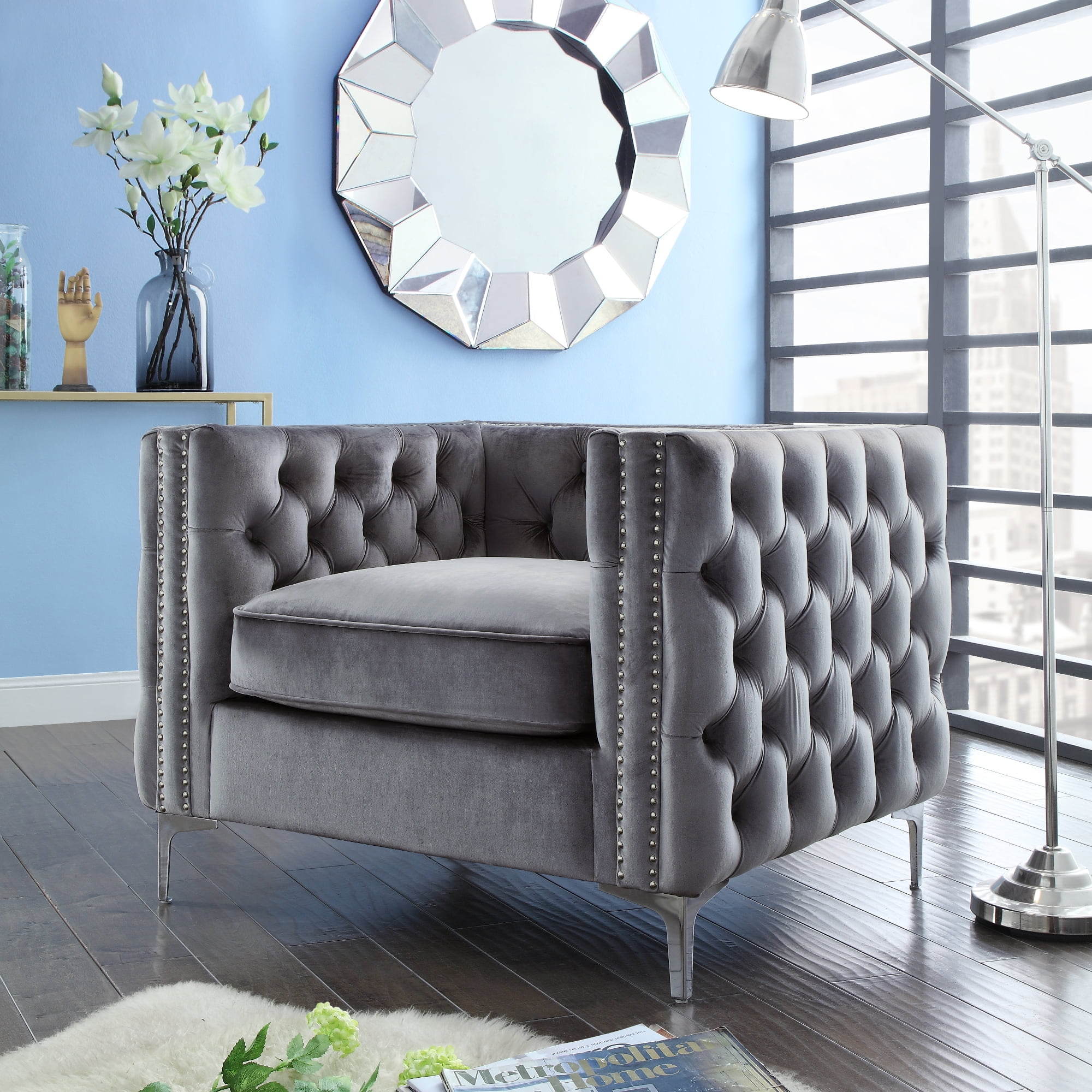 Free Shipping! Inspired Home Grey Velvet Club Chair Silver Nailhead ...