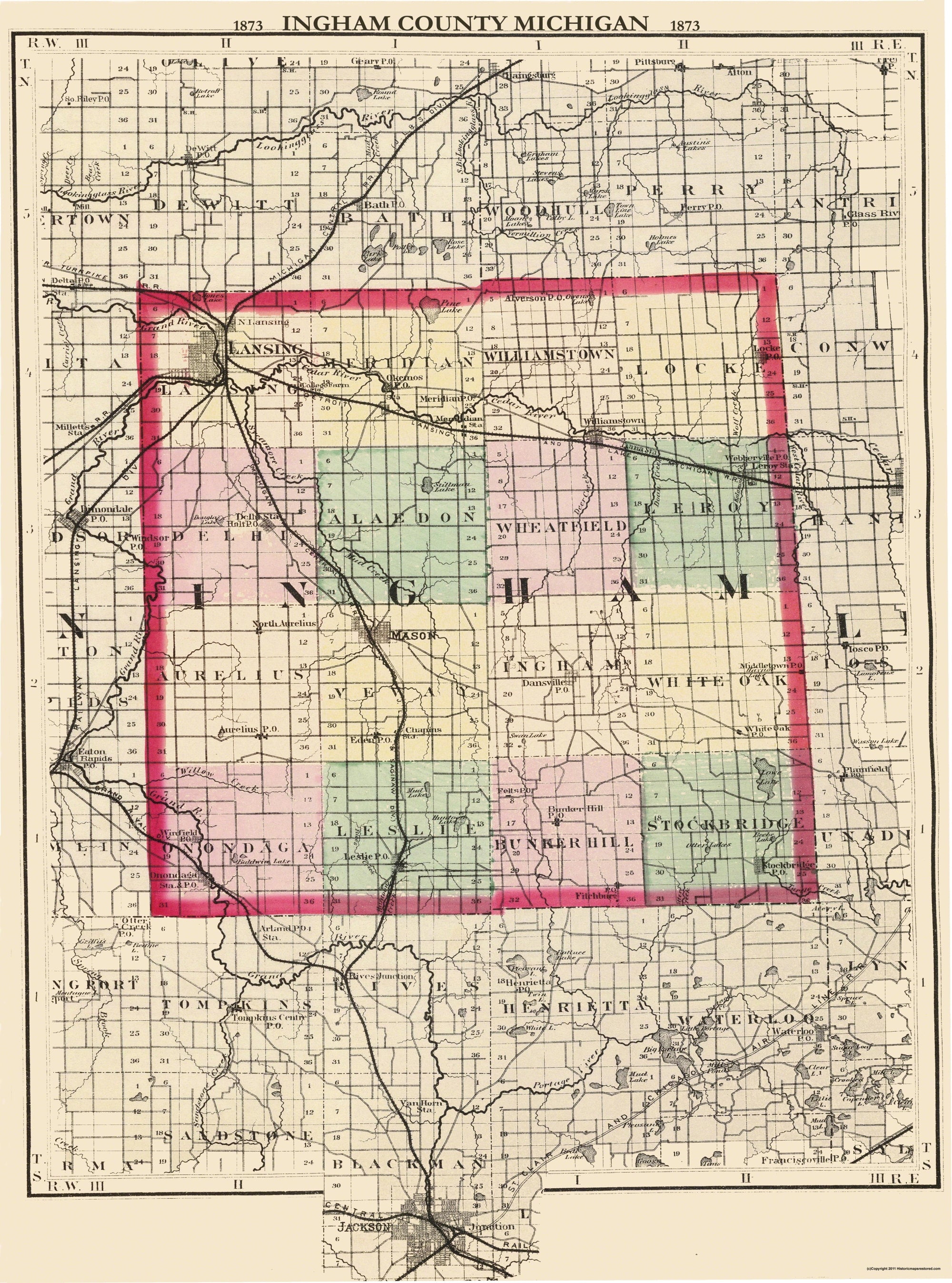 Historic County Map - Ingham County Michigan - Walling 1873 - 23 x 31 ...