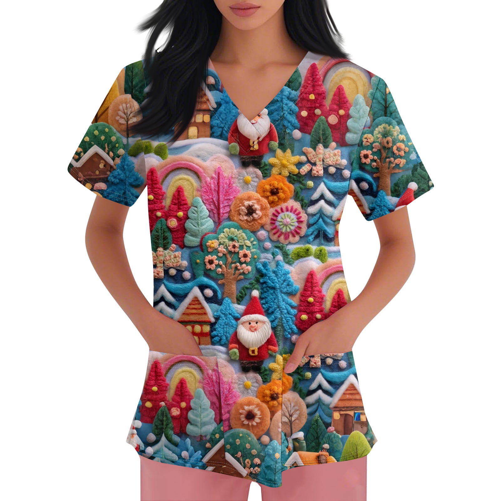 Inglocry Christmas Scrubs Tops for Women Plus Size Stretchy Short ...