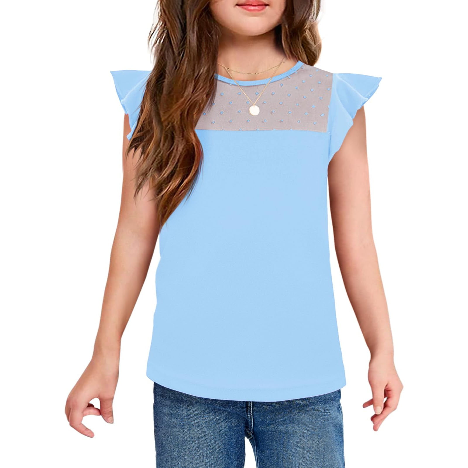 Inglocry Girl's Sheer Mesh Ruffle Sleeve Blouse Basic Cute Ruffle Top ...