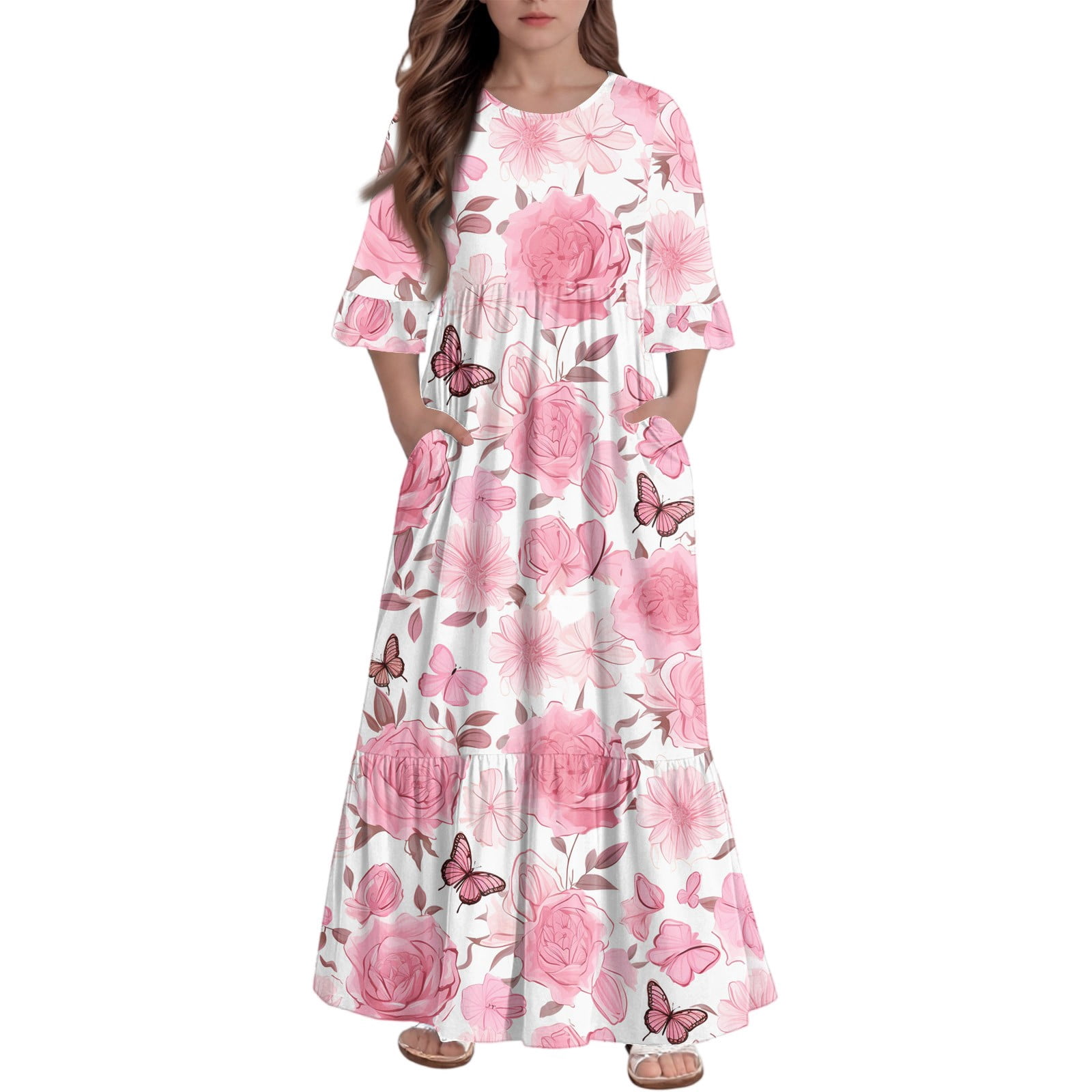 Inglocry Girls Floral Maxi Dress, Flower Printed Short Sleeves Dress ...