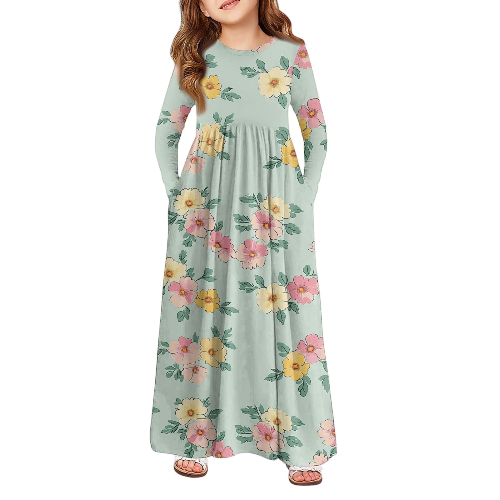 Inglocry Girls Long Sleeve Maxi Dress Round Neck Casual Long Dresses ...