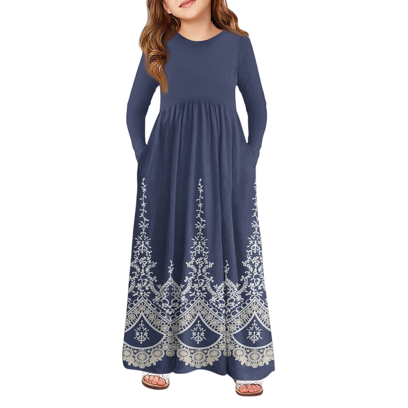 Inglocry Girls Long Sleeve Maxi Dress Round Neck Casual Long Dresses ...