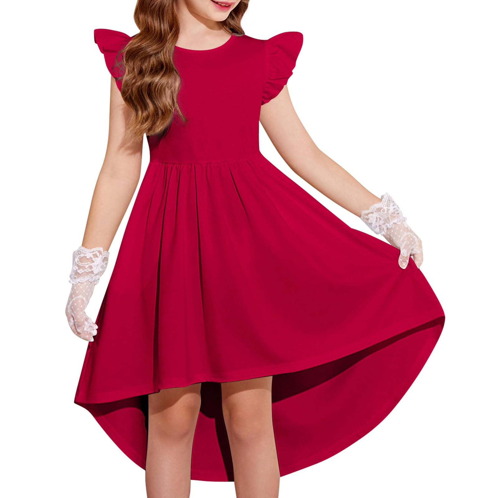 Inglocry Girls Summer Dress Tween Flutter Sleeve High Low Formal Dresses for Wedding Party with ...