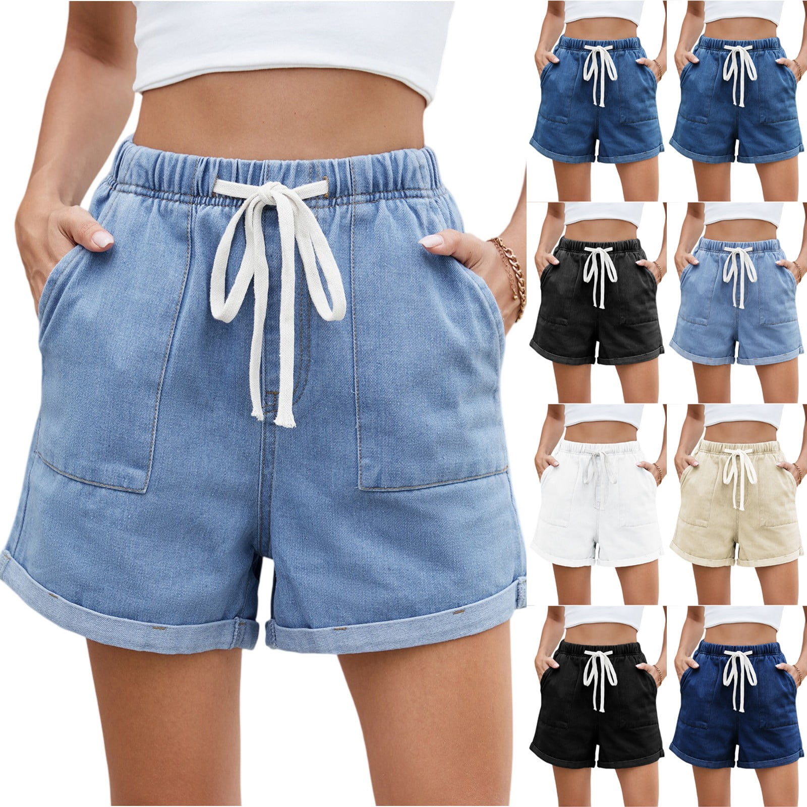 Inglocry Jean Shorts Women High Waisted Drawstring Elastic Waist Summer ...