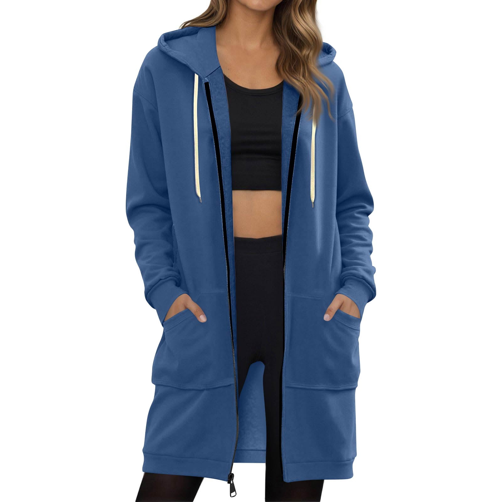 Inglocry Long Hoodies for Women Zip Up Hooded Sweatshirt Casual Long ...