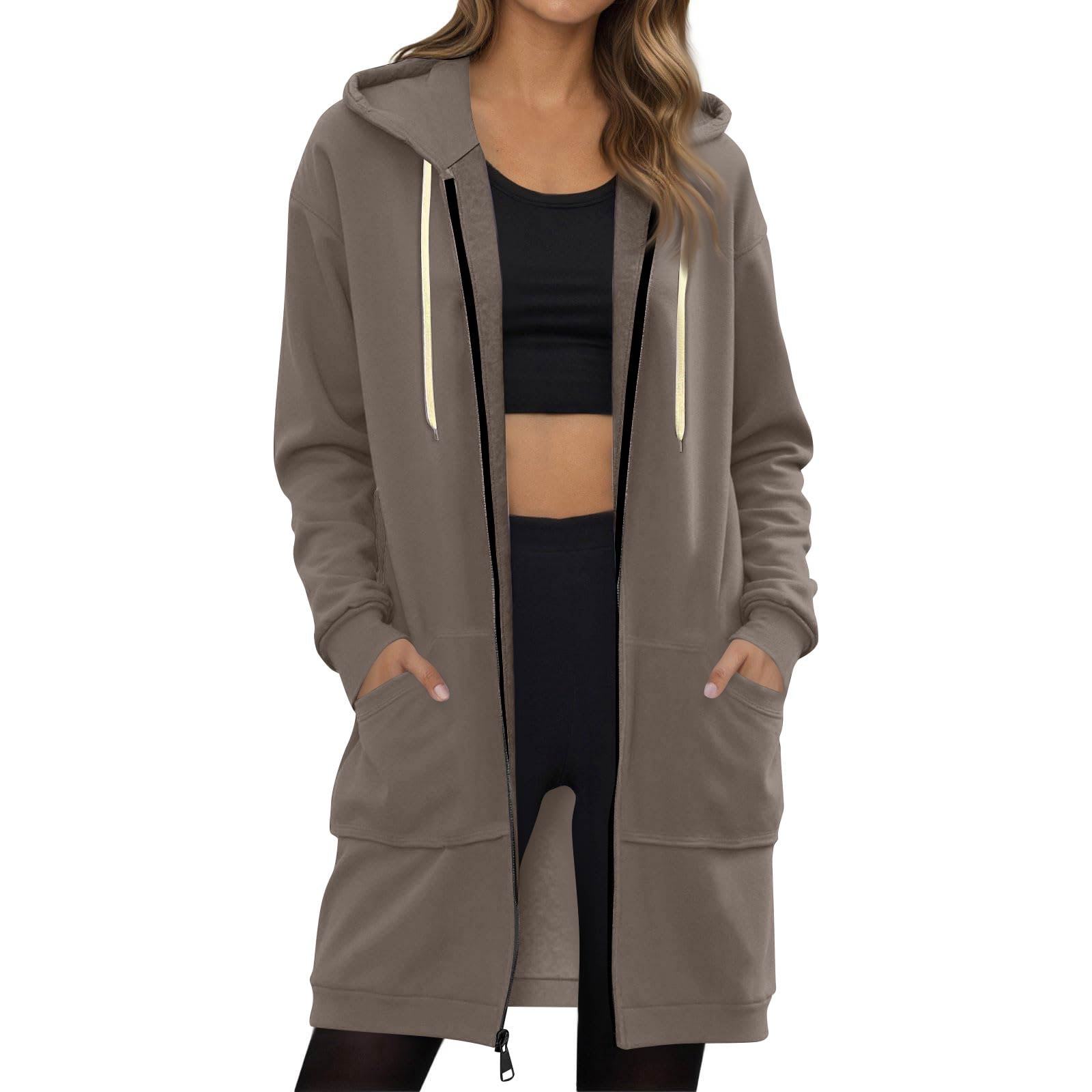 Inglocry Long Hoodies for Women Zip Up Hooded Sweatshirt Casual Long ...