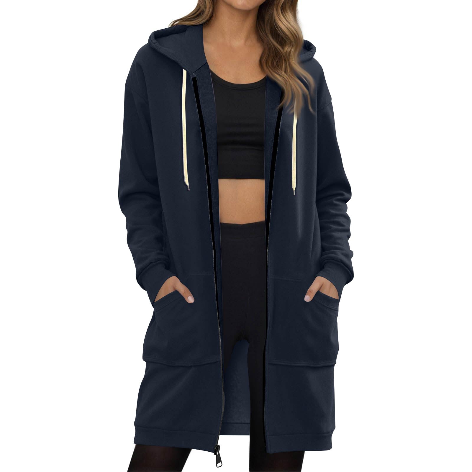 Inglocry Long Hoodies for Women Zip Up Hooded Sweatshirt Casual Long ...