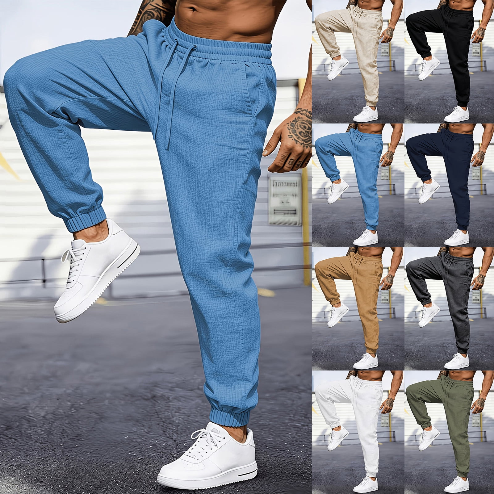 Inglocry Men Casual Linen Jogger Pants Relaxed Fit Trousers Elastic ...