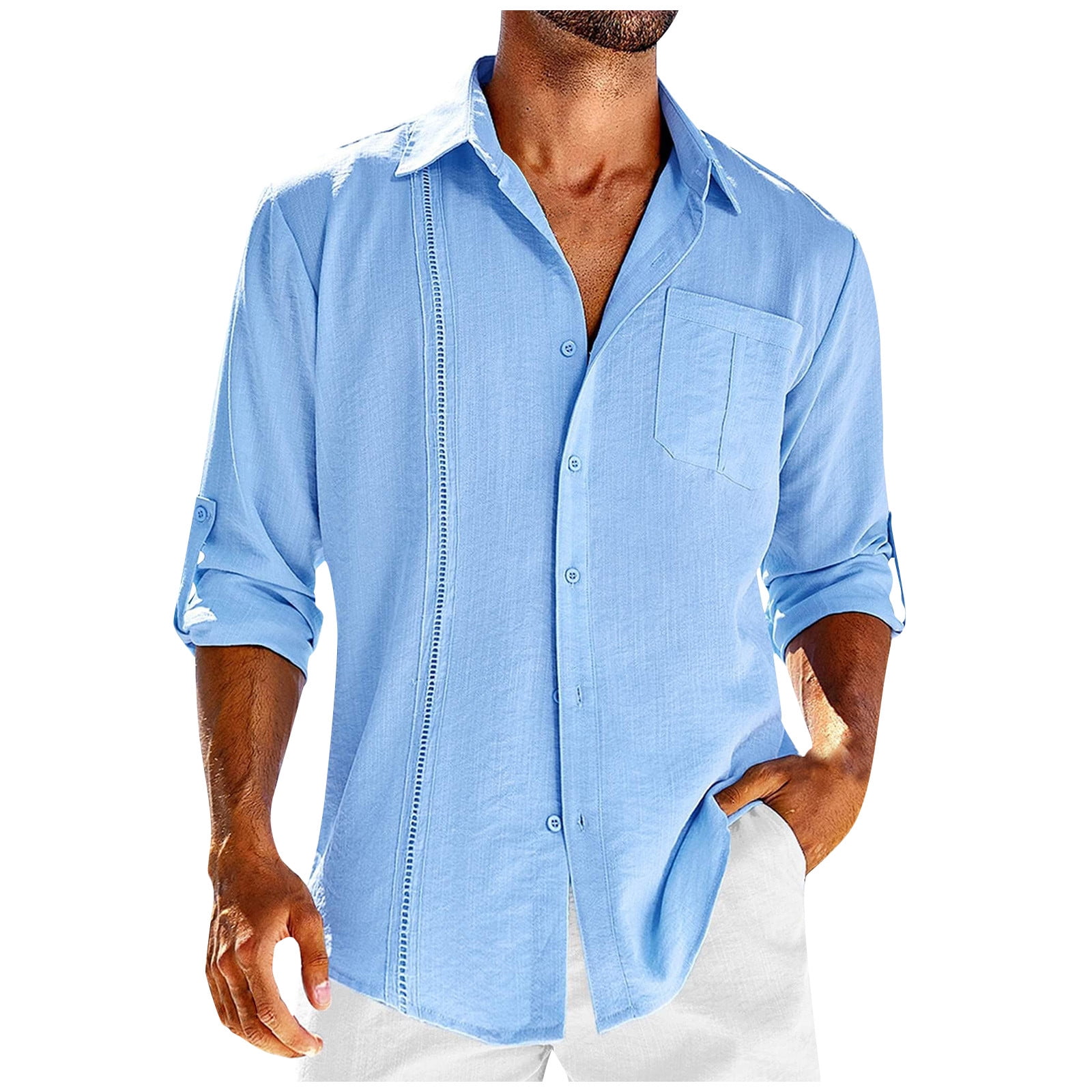 Inglocry Men's Cubavera Men'S Cotton Linen Long Sleeve Shirt With ...