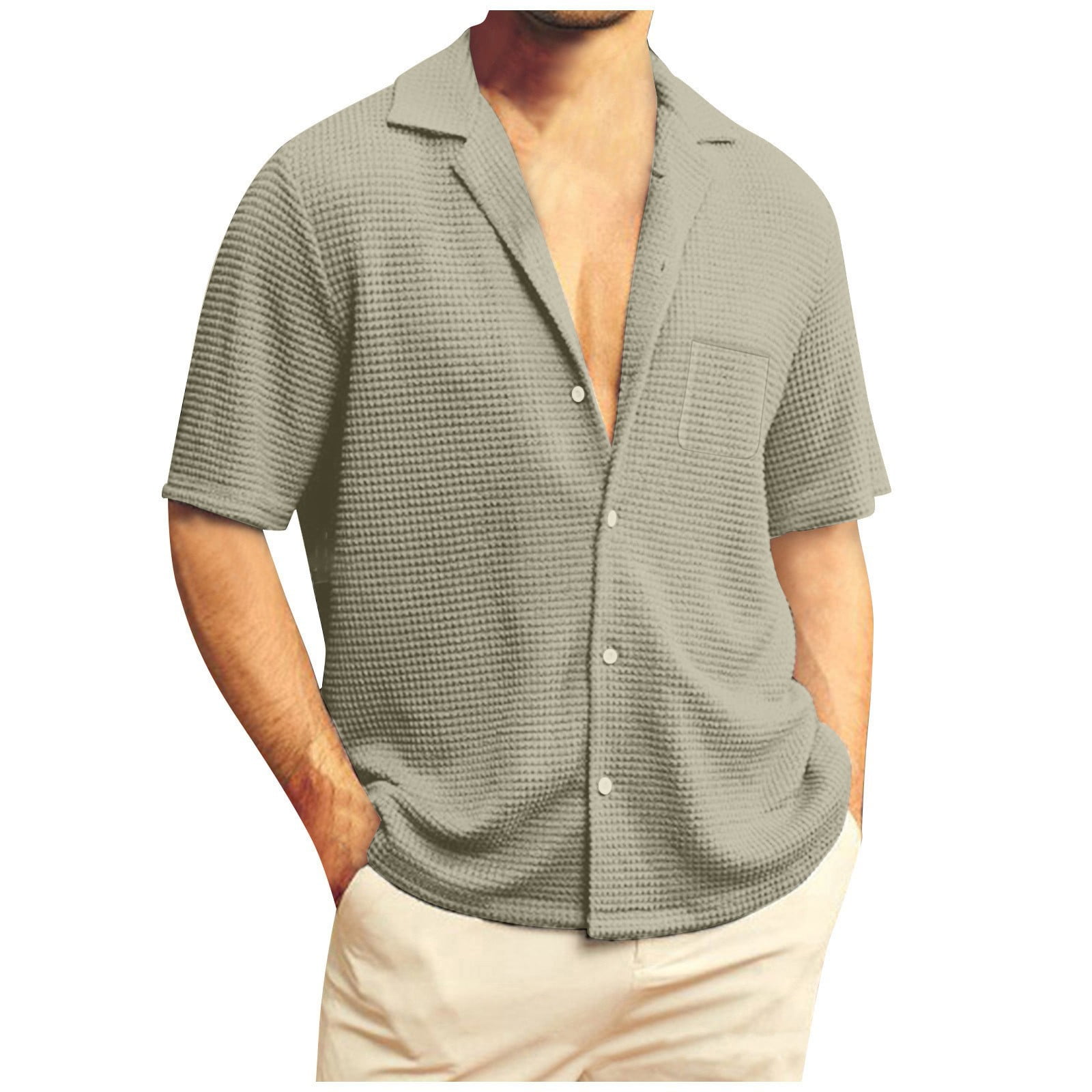 Inglocry Men's Waffle Shirt Button Down Short Sleeve V-neck Shirt Loose Fit Basic Cuban Beach ...