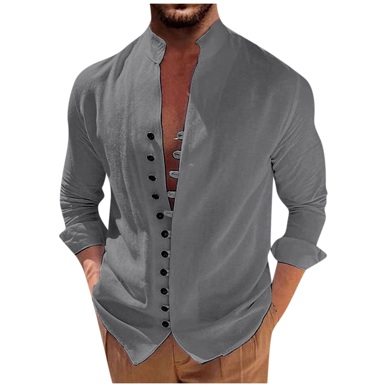 Inglocry Mens Casual Long Sleeve Cotton Linen Shirts Vintage Solid ...