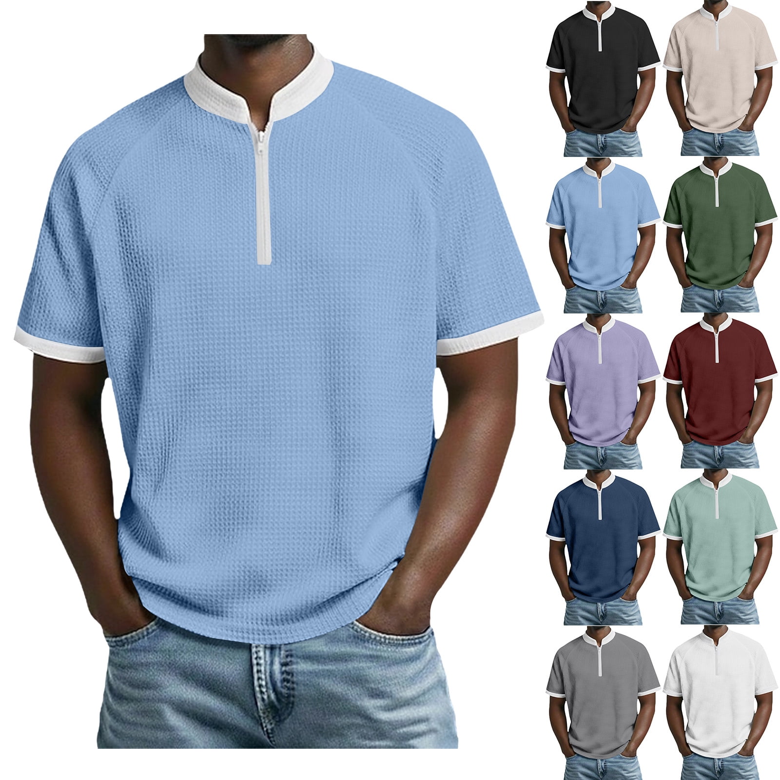 Inglocry Mens Waffle Knit Quarter Zip Polo Shirts Short Sleeve Casual ...