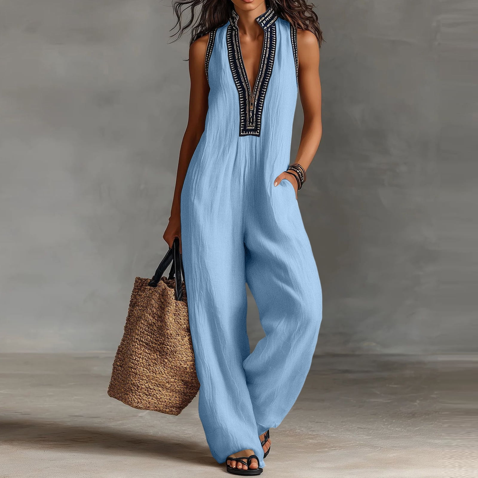 Inglocry Wide Leg Sleeveless One Piece Jumpsuits for Women Casual Loose ...