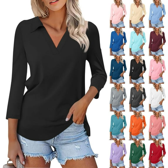 Inglocry Women's 3/4 Sleeve V Neck Polo Shirts Casual Summer Trendy ...